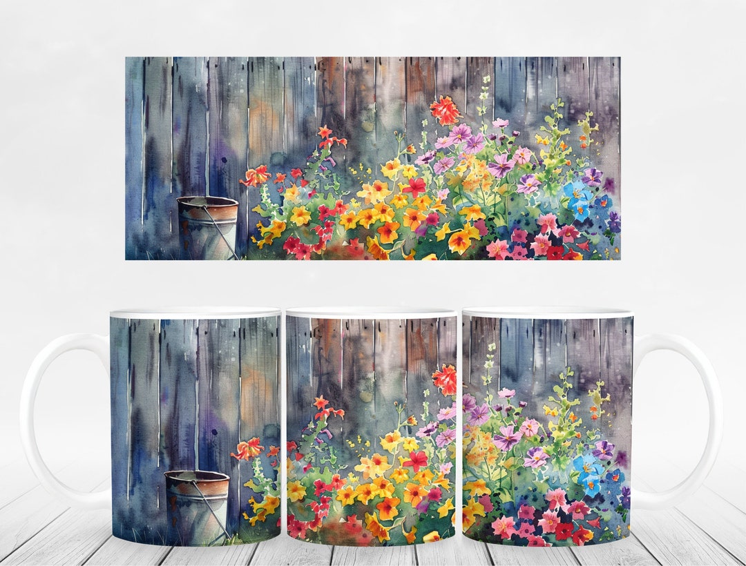 Garden Themed Mug Wrap PNG, Watercolor Flower and Picket Fence Design ...