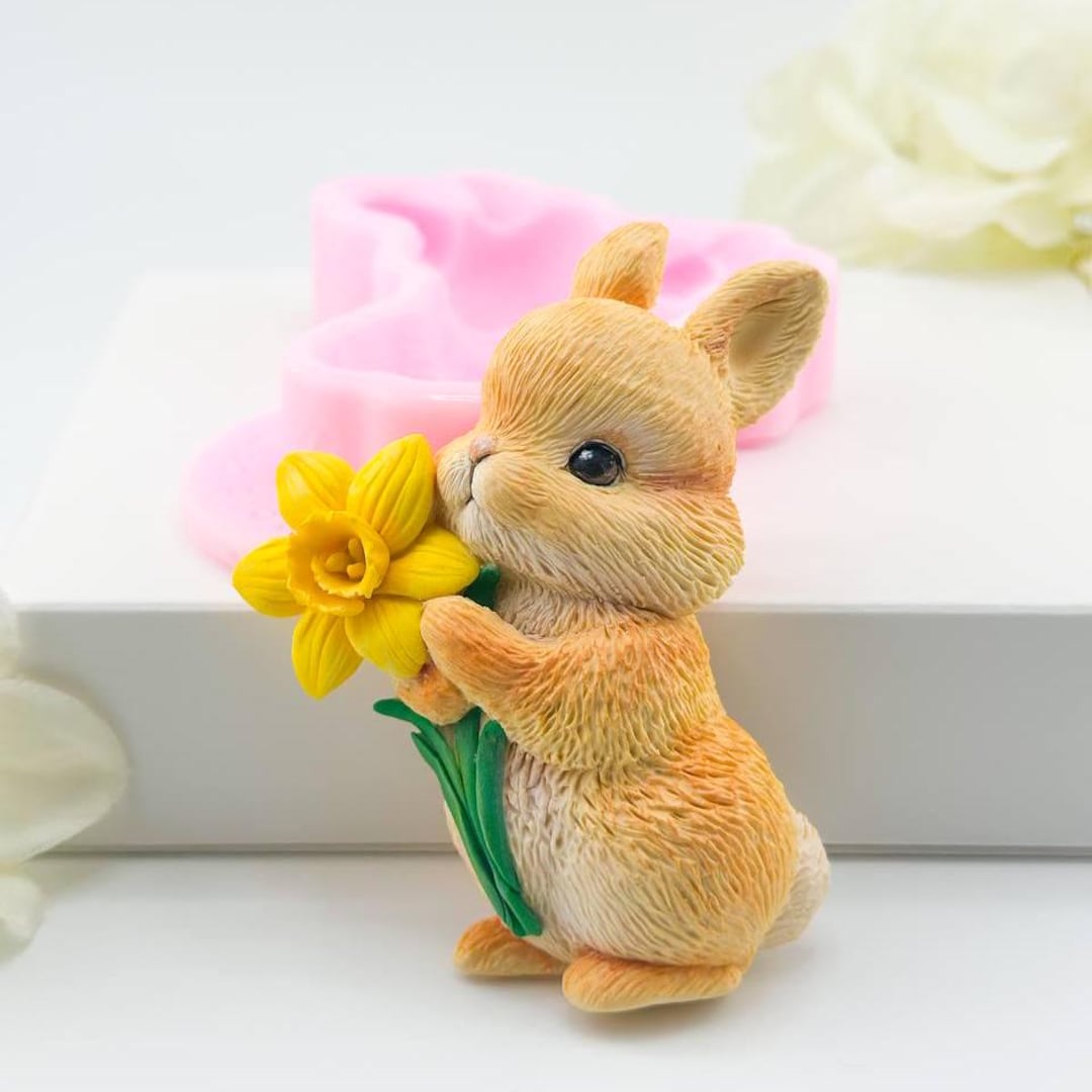Cute Bunny With Flowers Silicone Mold, Easter Rabbit Fondant Mold, Baby ...