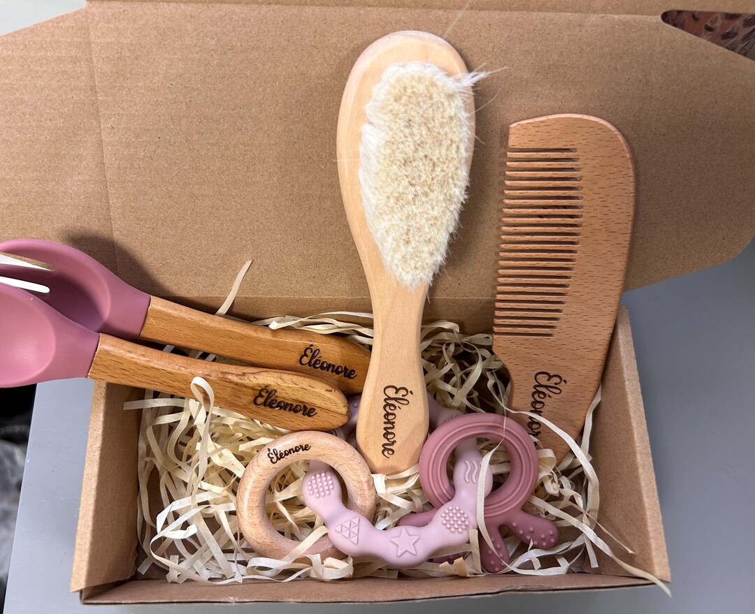 Personalized Birth Gift Box for Baby Girl and Boy Covered Comb Rattle ...