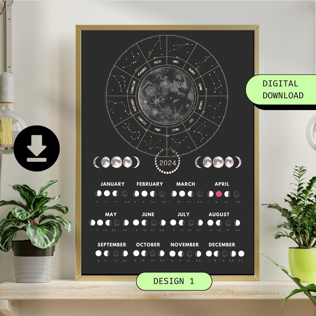 Moon Calendar 2024, Full Moon Calendar, Moon Phases, Celestial Art ...