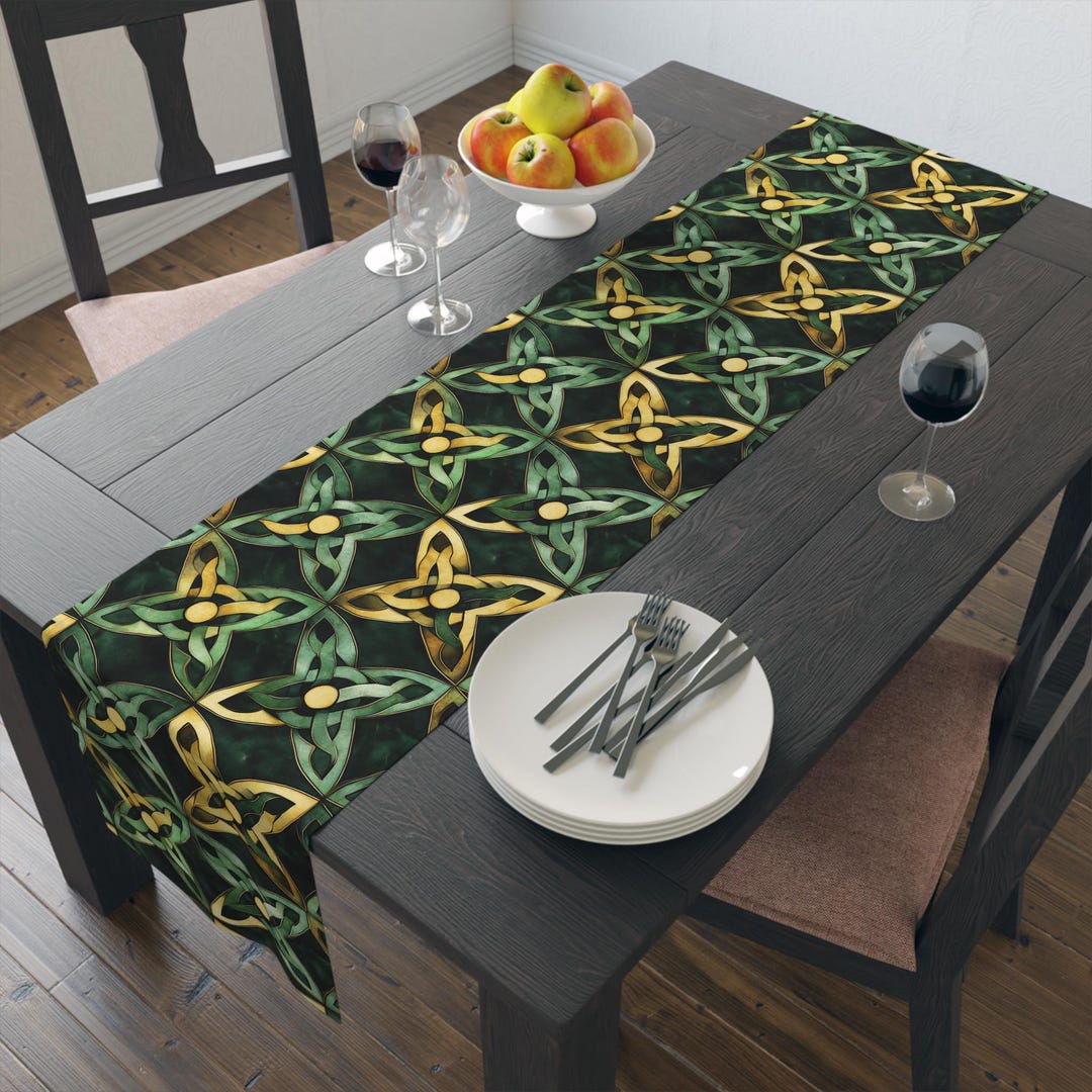 Celtic Knot Table Runner - Elegant Green & Gold Stained Glass Pattern ...