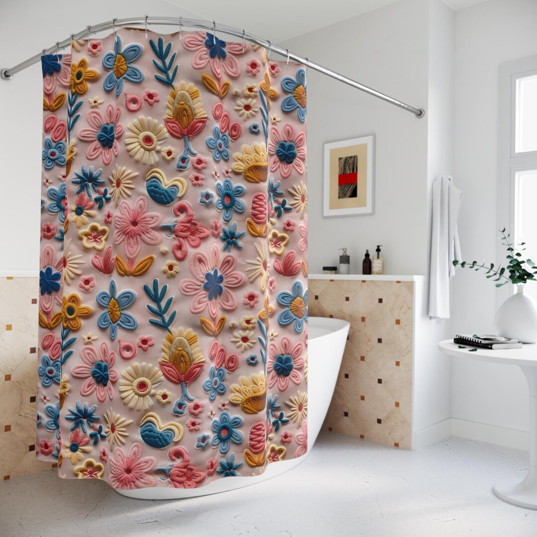 Embroidered Shower Curtains With Flowers Design - Faux Ebroidery Floral ...