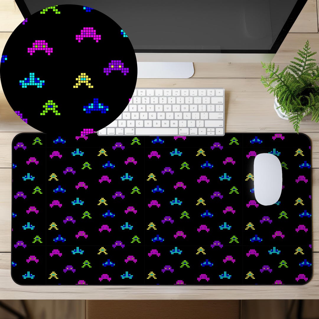 Retro Space Invader Style Pixel Art Desk Mat, Colorful Gaming Desk Pad ...