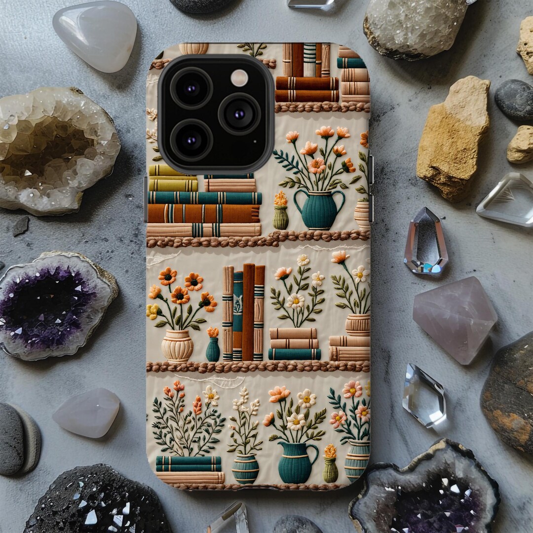 Embroidered Floral Bookcase Flowers & Vases Tough Cases, for iPhone 16 ...
