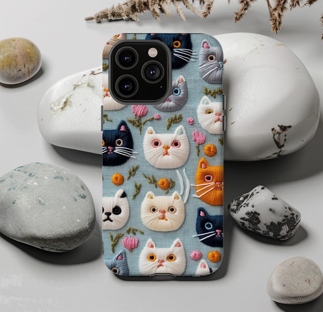 Embroidery (faux) Floral Cat Faces Tough Case, Flower Galaxy S25 Phone ...