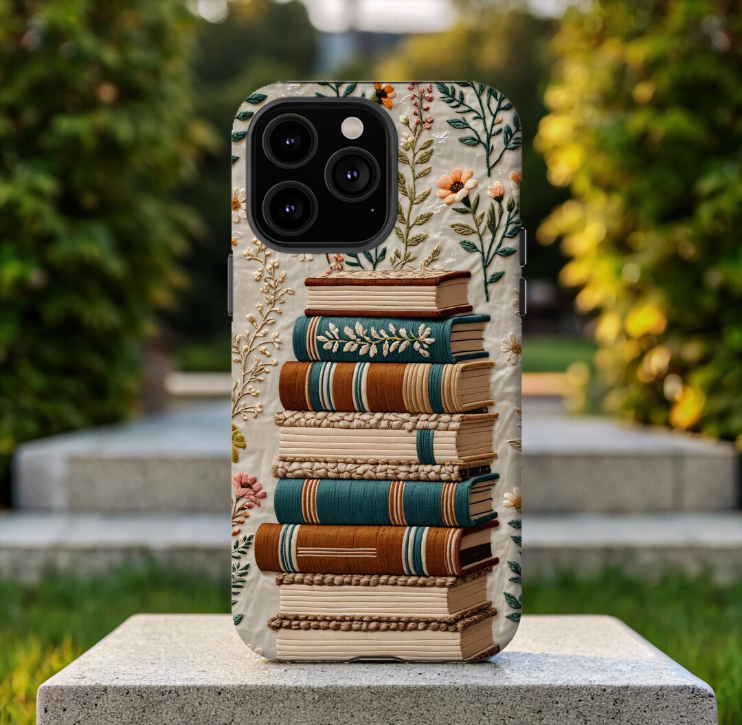 Rustic Embroidery Books and Flowers Tough Case, Floral Phone Case, Book ...