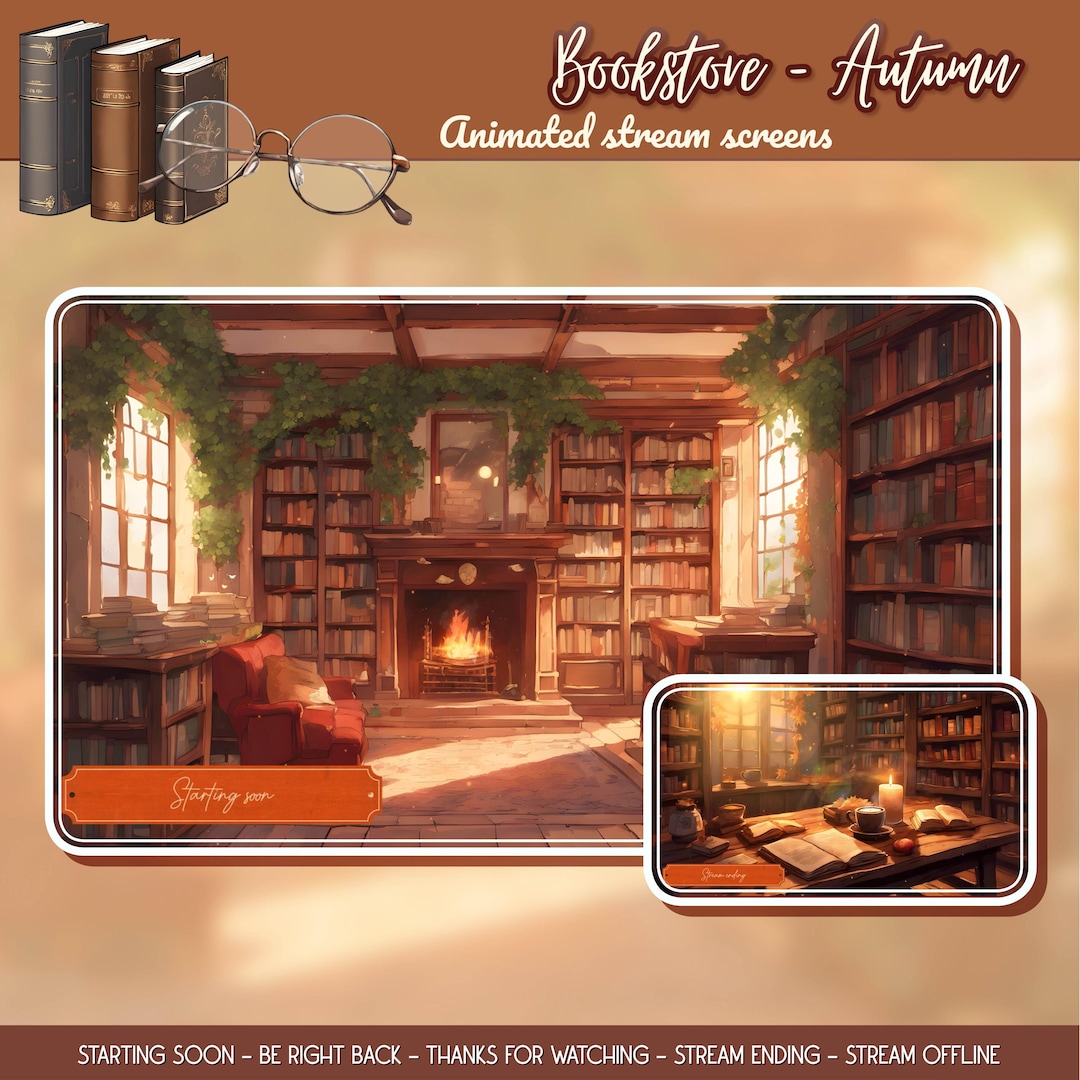 Cozy Autumn Bookstore Animated Stream Screens: Twitch, Youtube (digital ...