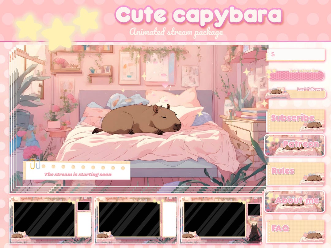 Lovely Capybara Twitch Animated Overlay Pack. Pastel Pink Stream ...