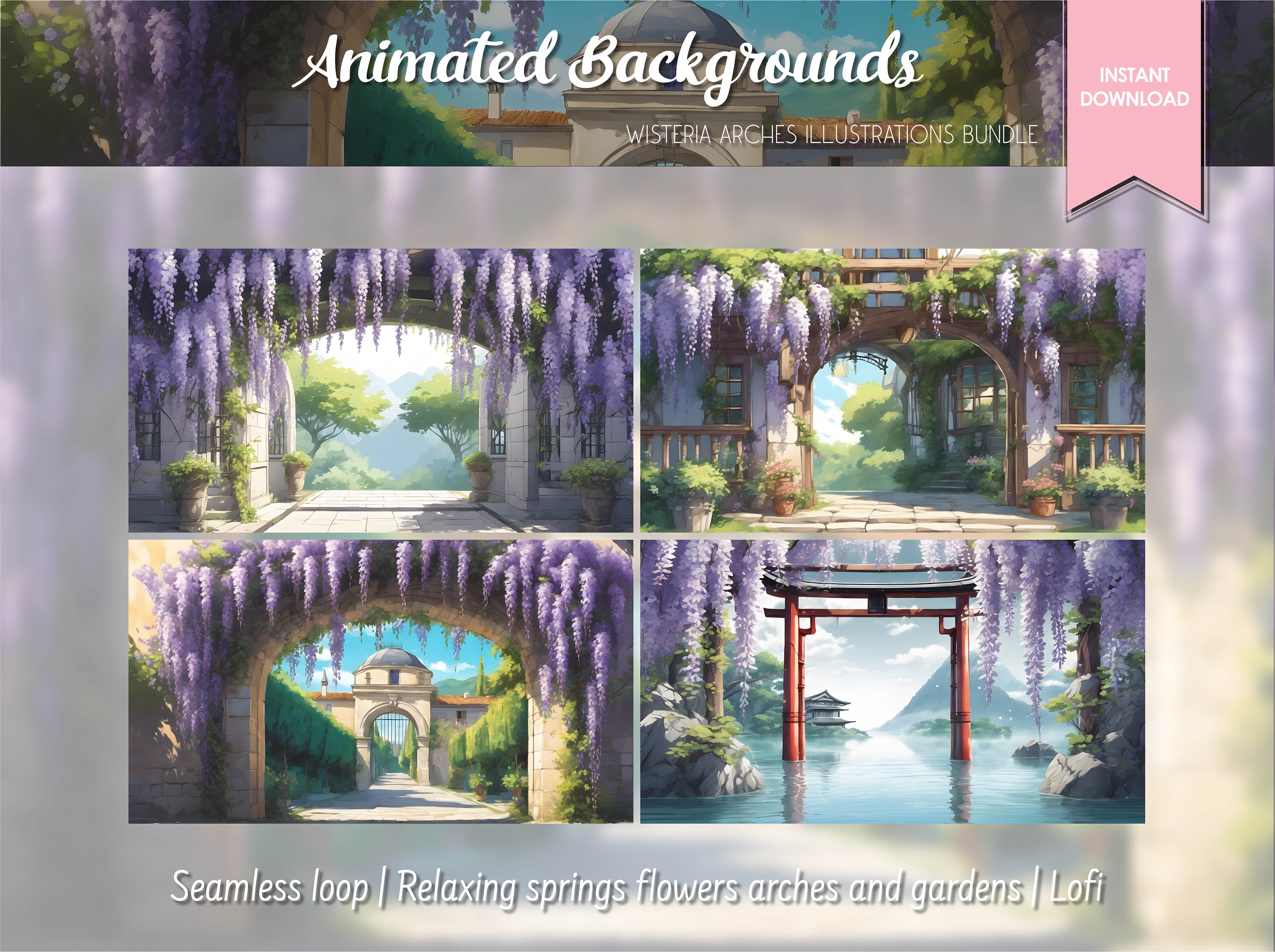 Wisteria Flowers Arches Bundle ANIMATED BACKGROUNDS Lofi Art Digital ...