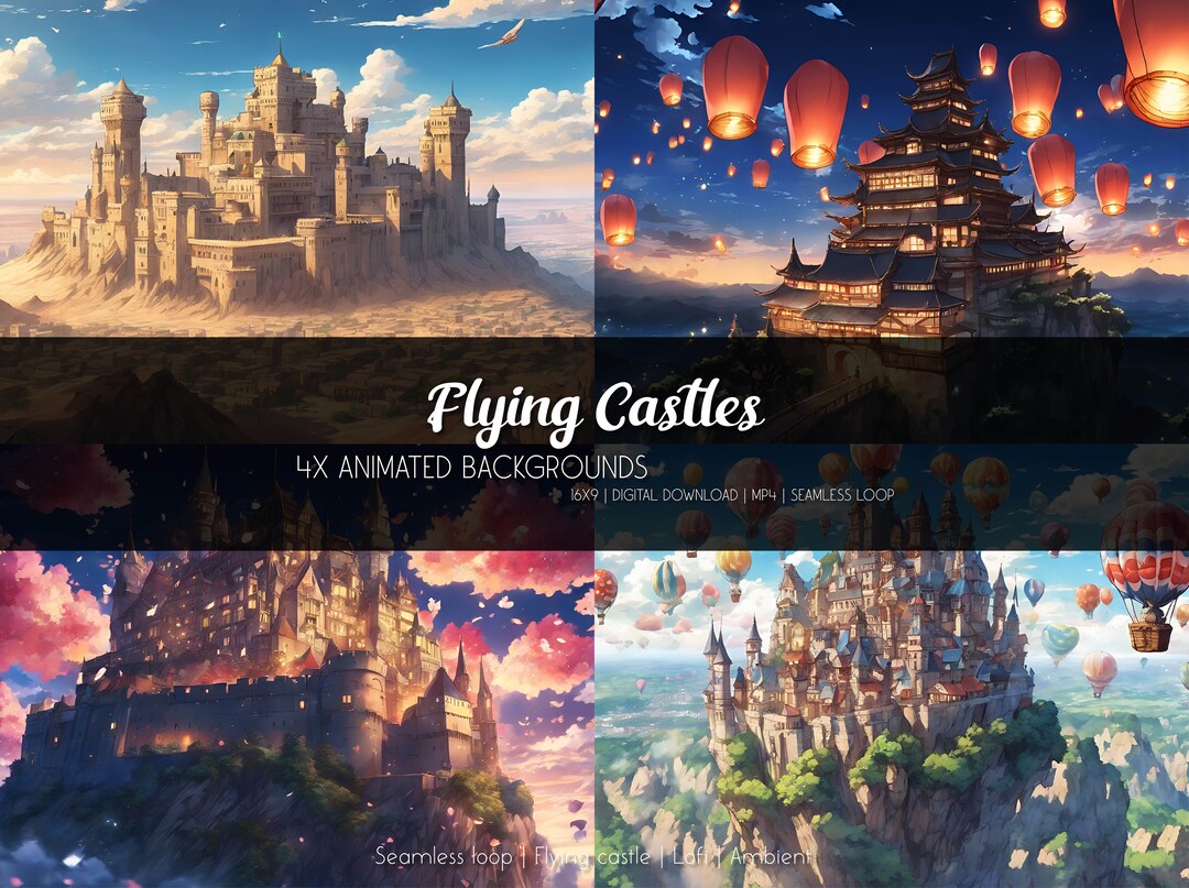 Flying Castles Bundle ANIMATED BACKGROUNDS Digital Wall Art Perfect for Stream, Zoom, Twitch ...