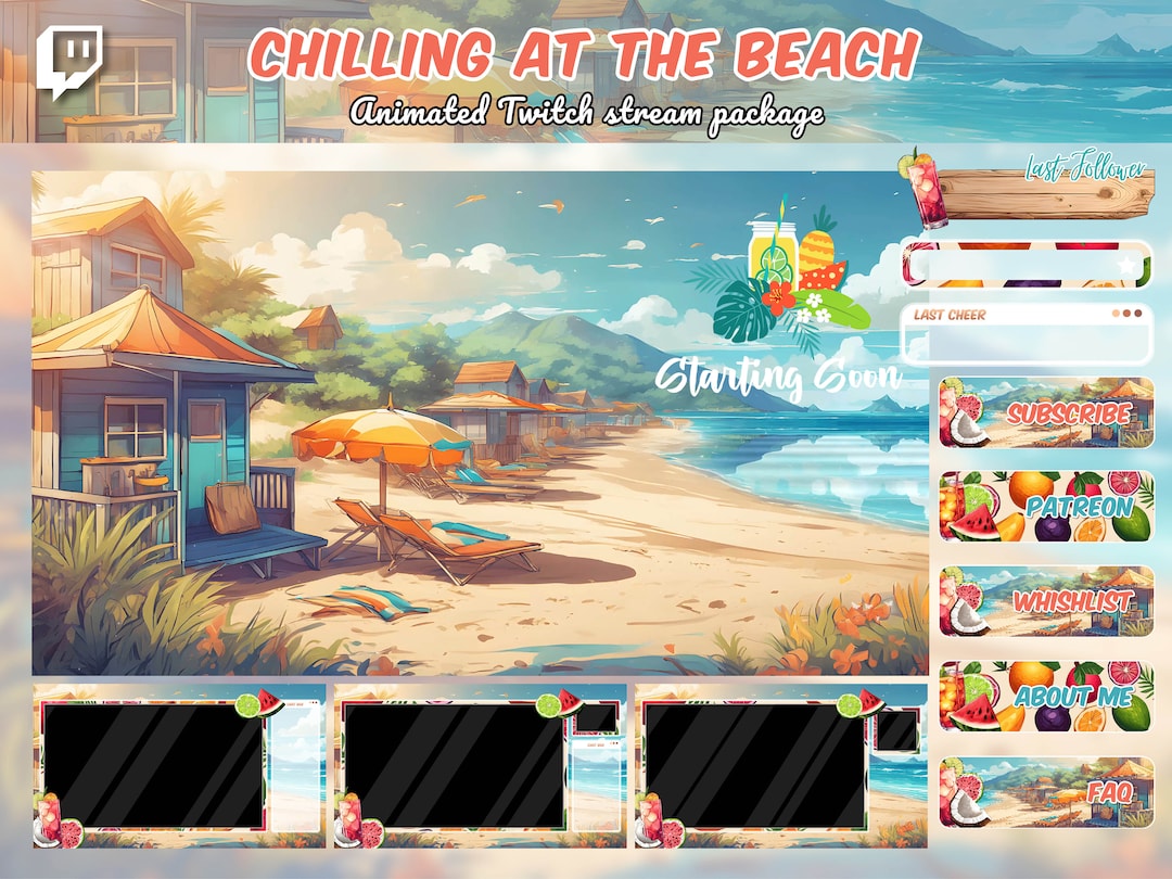 Summer Beach Twitch Animated Overlay Pack. Twitch Panels, Stream ...