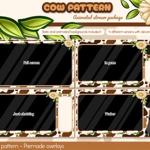 No AI Cute Cow Pattern Twitch Animated Overlay Pack. Brown Cow Stream ...