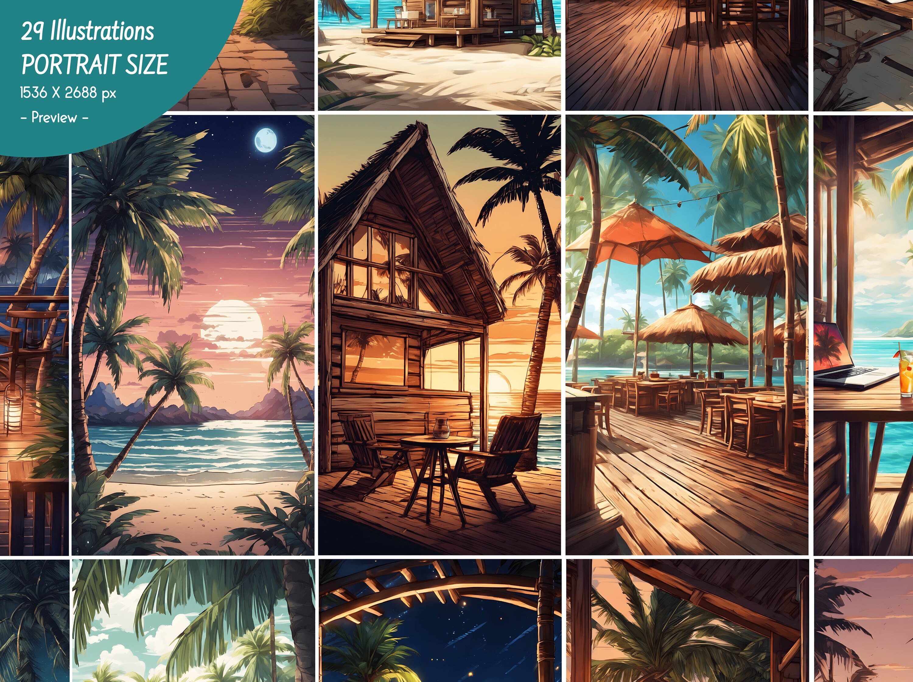 Hawaii Paradise Island Illustrations Bundle ANIMATED BACKGROUND. Lofi ...