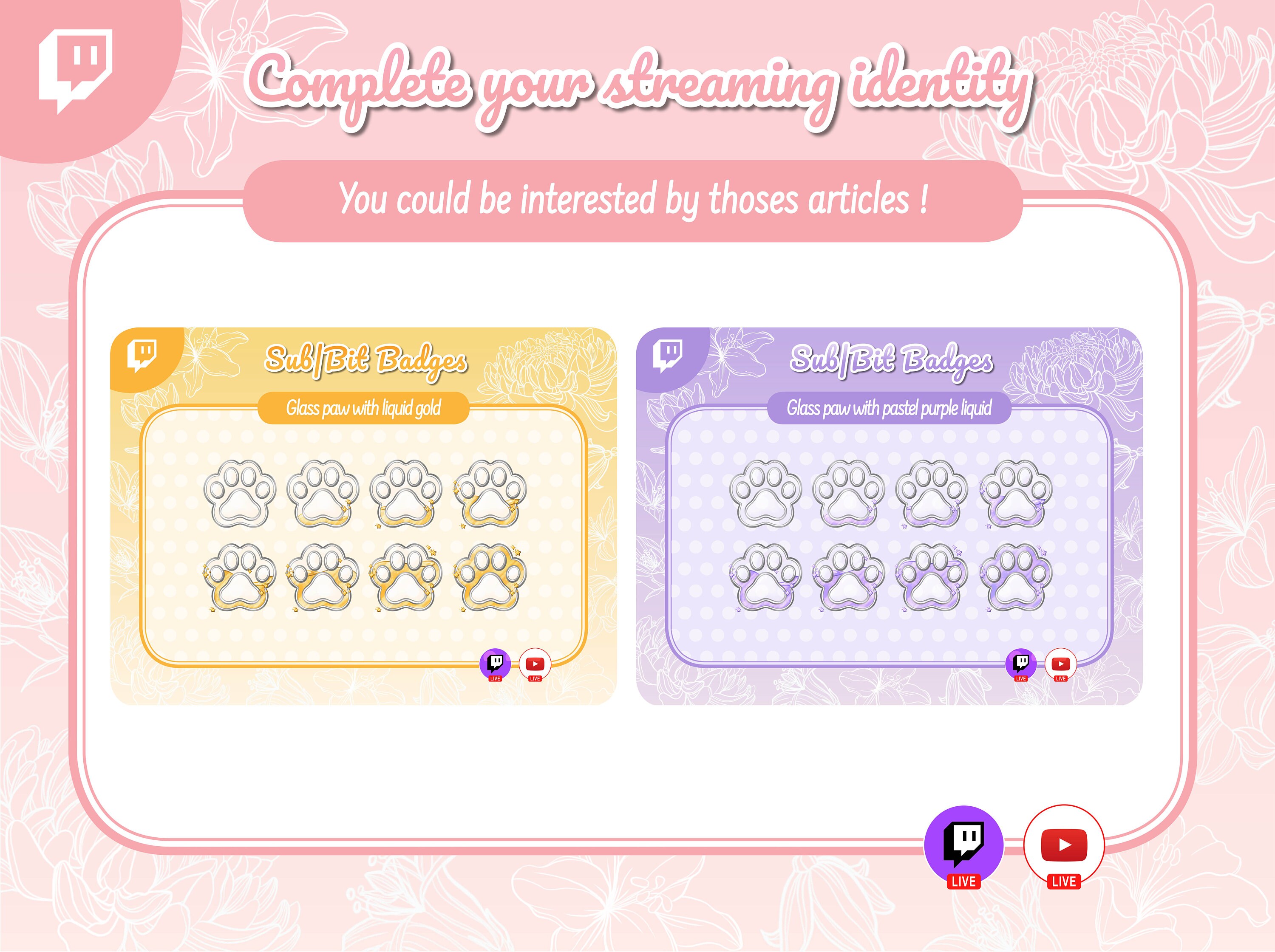 Cute Glass Cat Paw With Pastel Pink Liquid Twitch Badges Kitten Paw ...