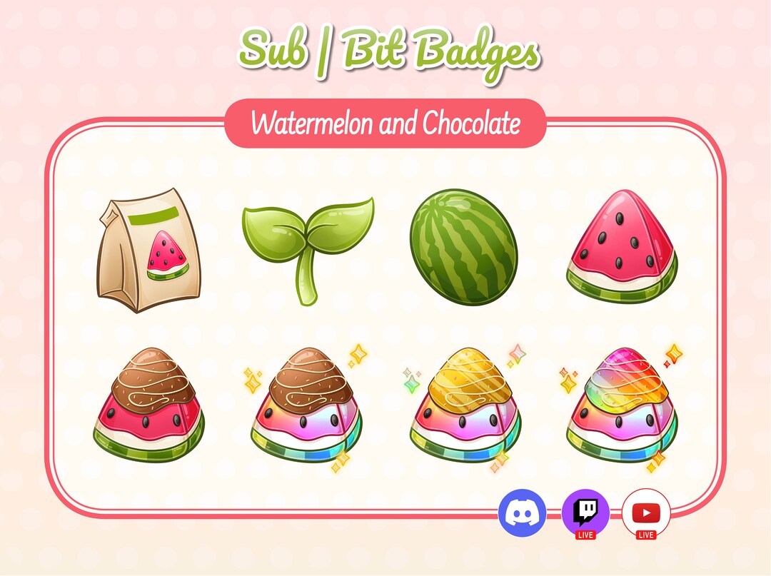 Watermelon Chocolate Twitch Badges: Kawaii Summer Sub Badges (digital ...