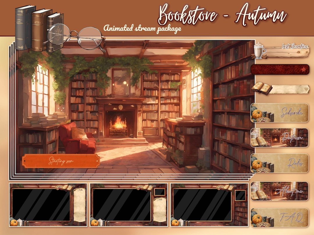 Cozy Autumn Bookstore Animated Twitch Overlay Package (digital Download ...