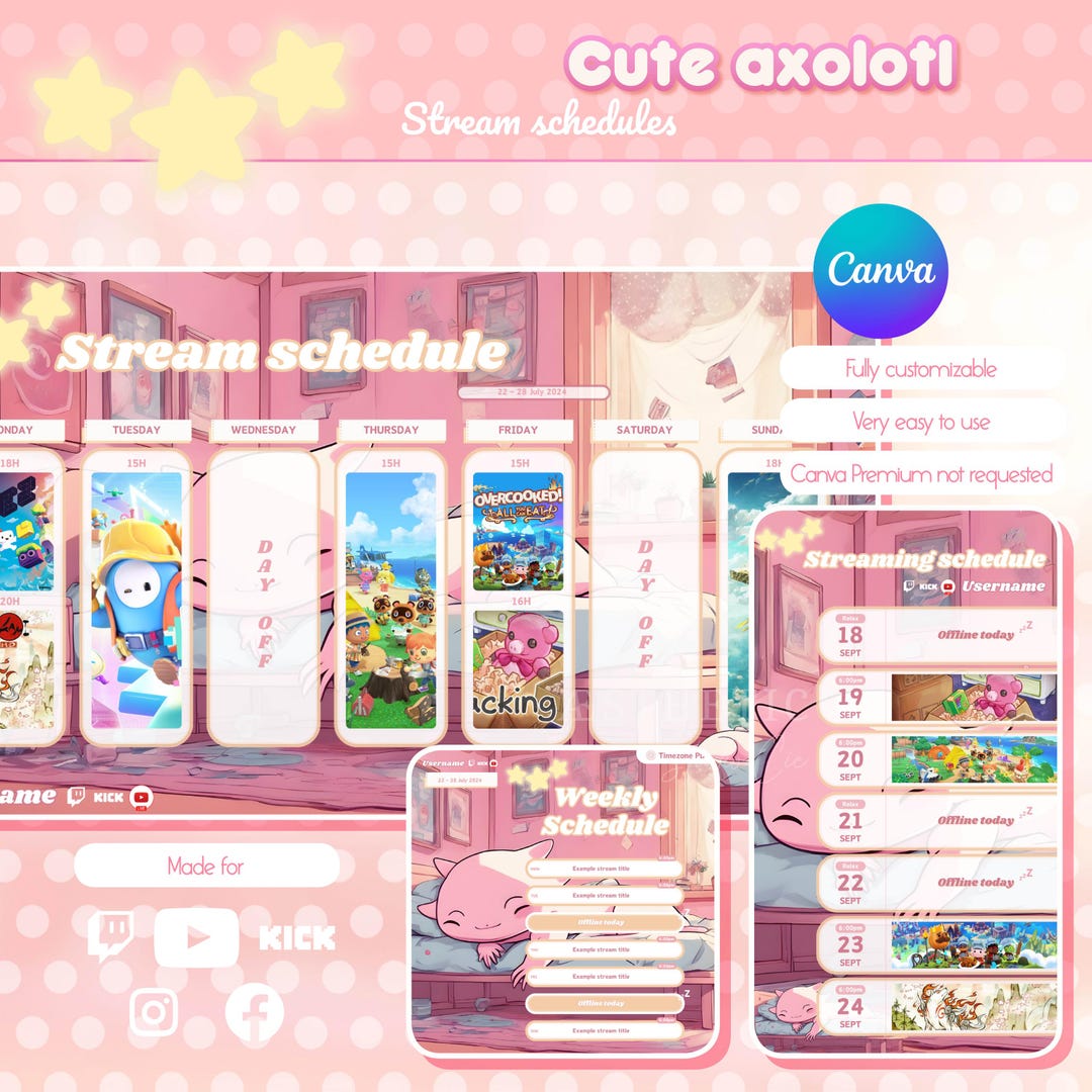Cute Axolotl Stream Schedule. Pastel Pink Schedule Template. Instagram ...