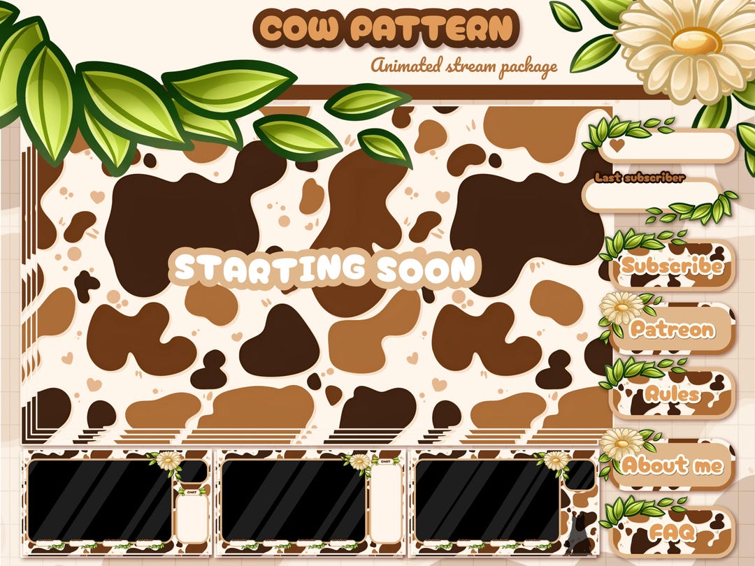 Cute Cow Pattern Twitch Animated Overlay Pack. Brown Cow Stream Package ...