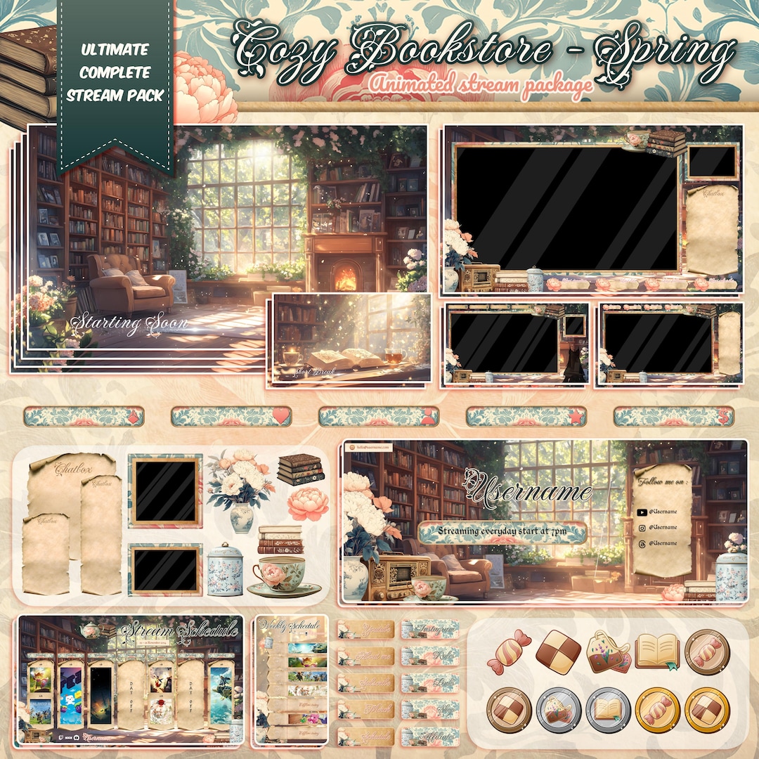Cozy Cottagecore Bookstore Full Stream Package: Twitch Overlay, Alerts ...