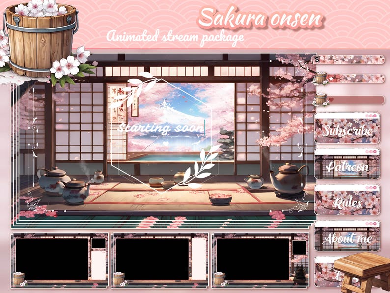 Samurai Sakura Onsen Animated Stream Package. Cherry Blossoms Hot ...