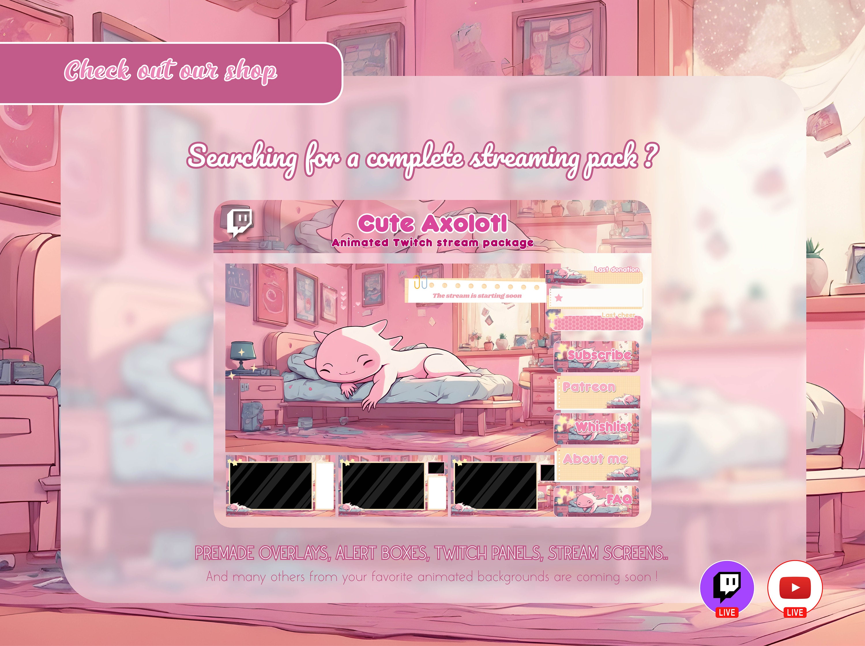 Cute Axolotl Bundle Animated Backgrounds Digital Wall Art For Twitch Background Vtuber Stream