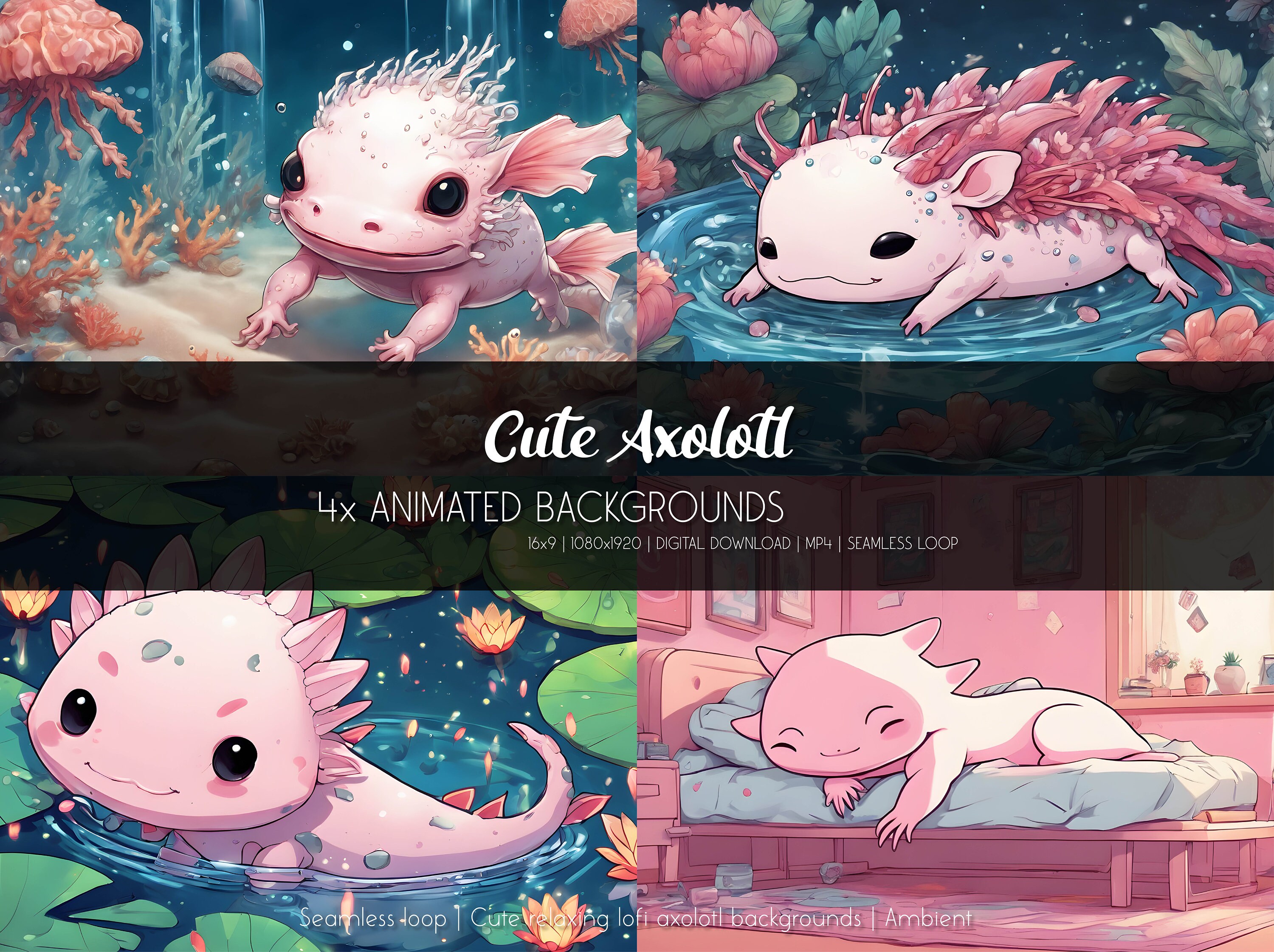 Cute Axolotl Bundle Animated Backgrounds Digital Wall Art For Twitch Background Vtuber Stream