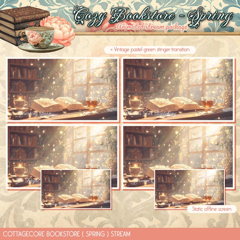 Cozy Cottagecore Bookstore Full Stream Package: Twitch Overlay, Alerts ...