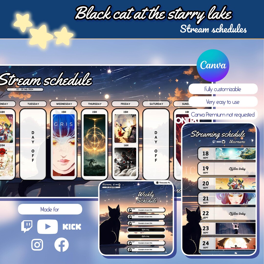 Black Cat Stream Schedule Template: Twitch & Instagram Planner (canva ...