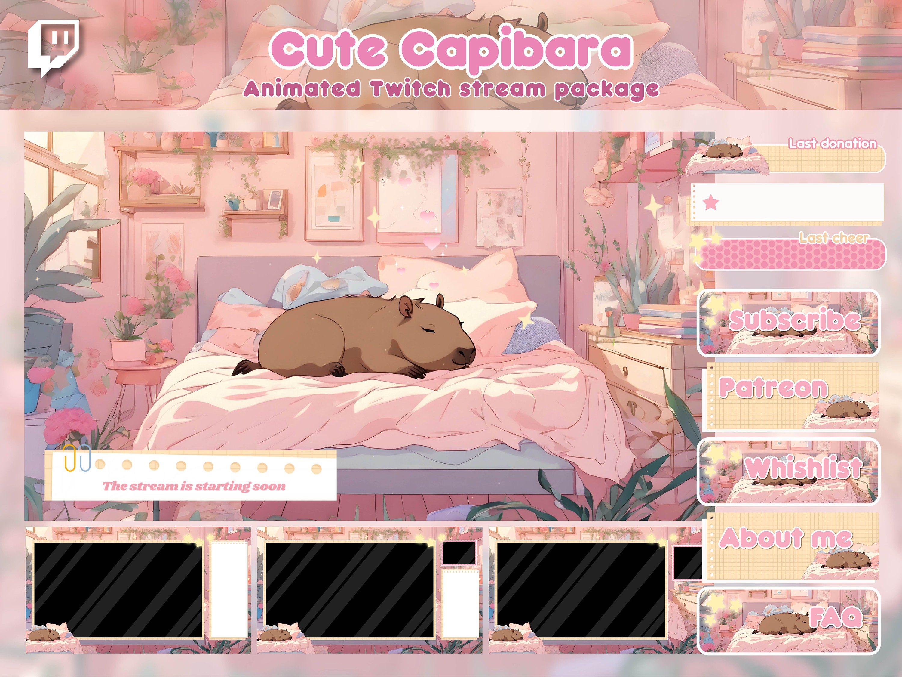 Lovely Capybara Twitch Animated Overlay Pack. STREAM PACKAGE, Twitch ...