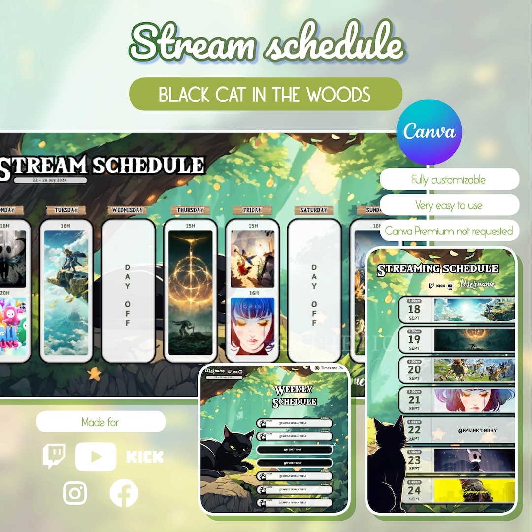 Black Cat Stream Schedule Template: Twitch & Instagram (canva Editable ...
