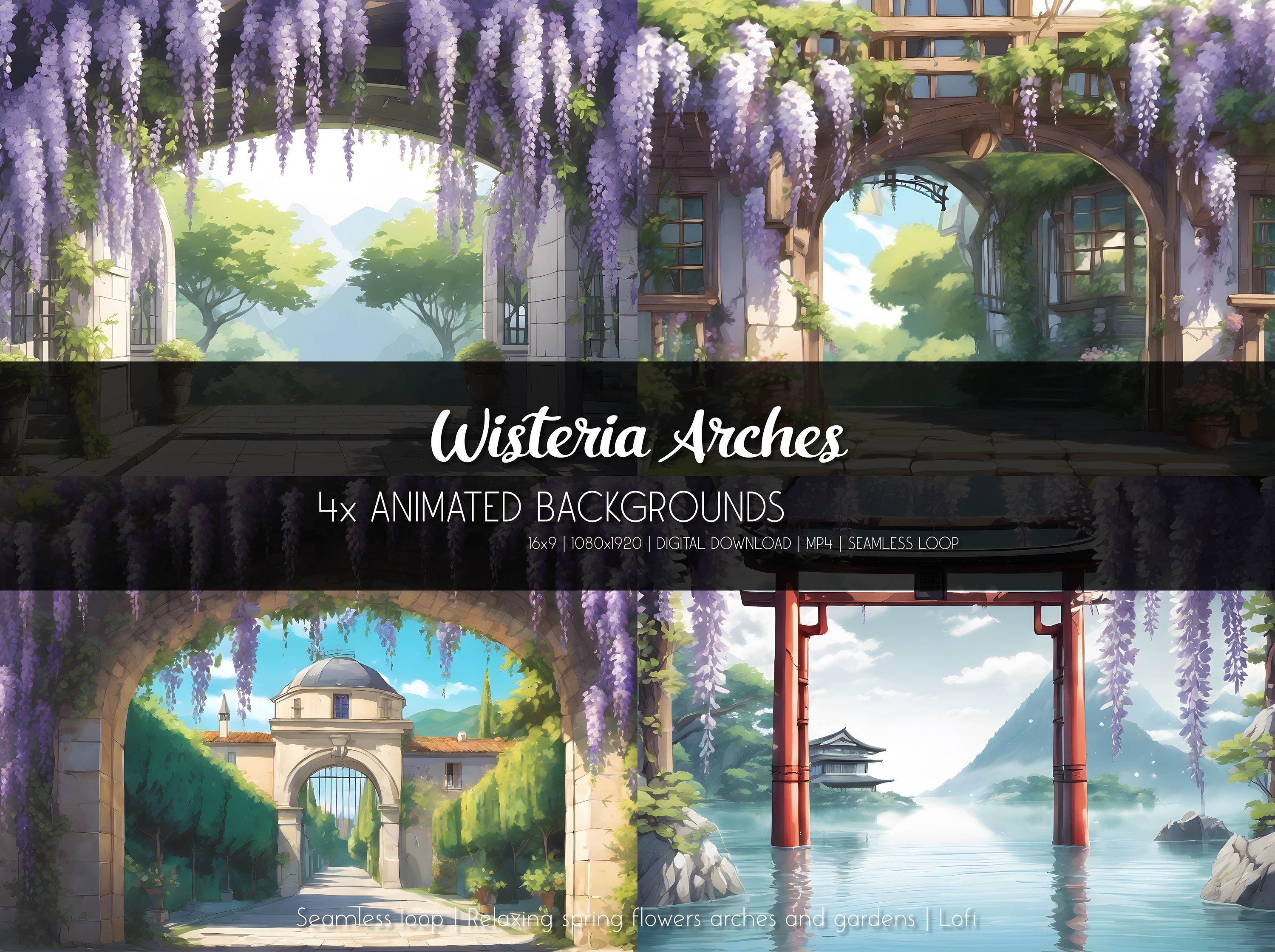 Wisteria Flowers Arches Bundle ANIMATED BACKGROUNDS Lofi Art Digital ...
