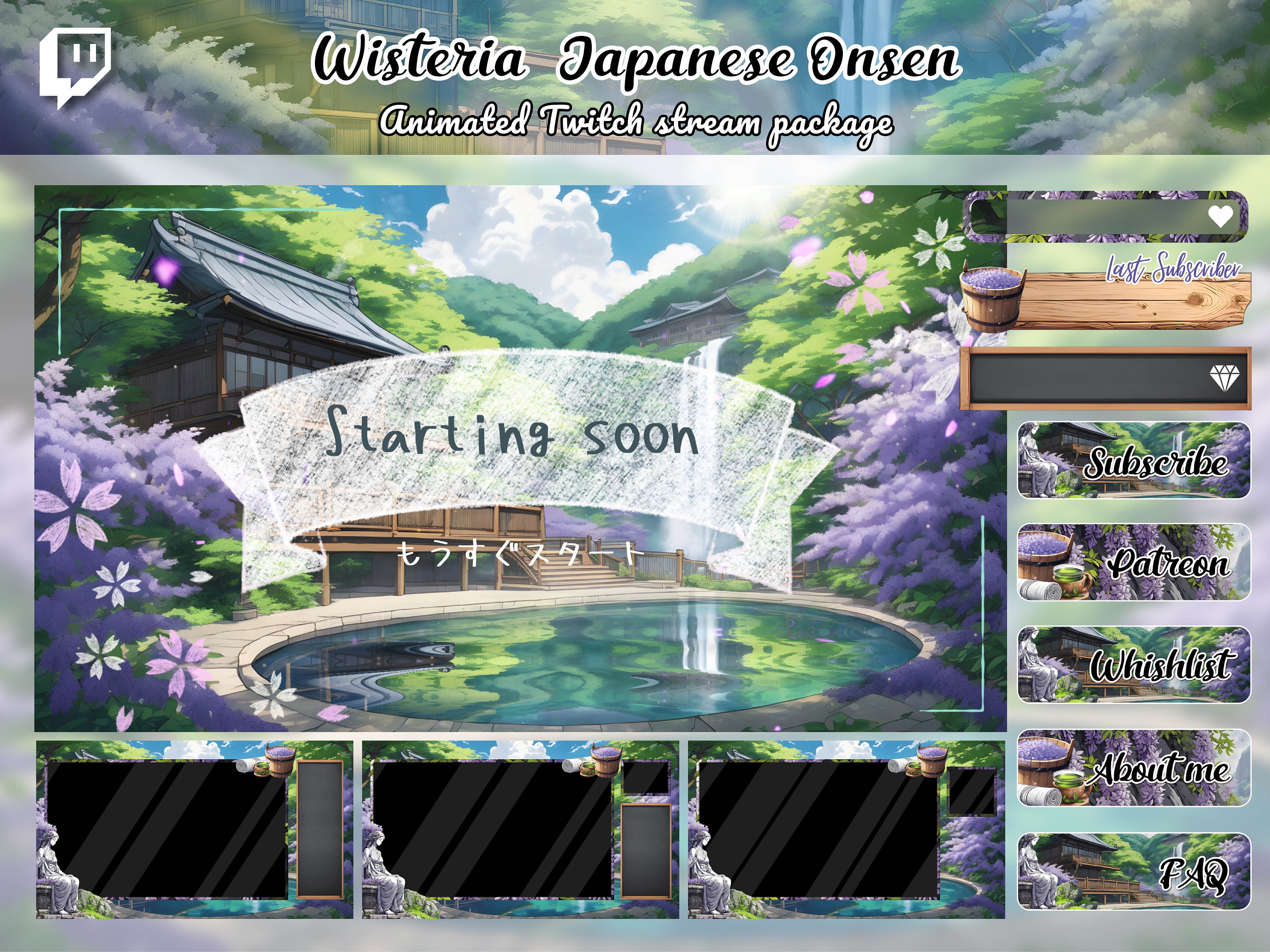 Wisteria Japanese Onsen Twitch Animated Overlay Pack. Twitch Panels ...