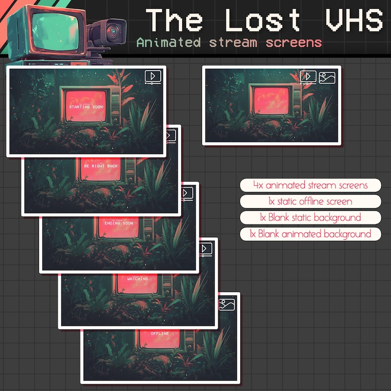 Retro Horror VHS Twitch Stream Background: Animated 80s Vtuber Screens ...