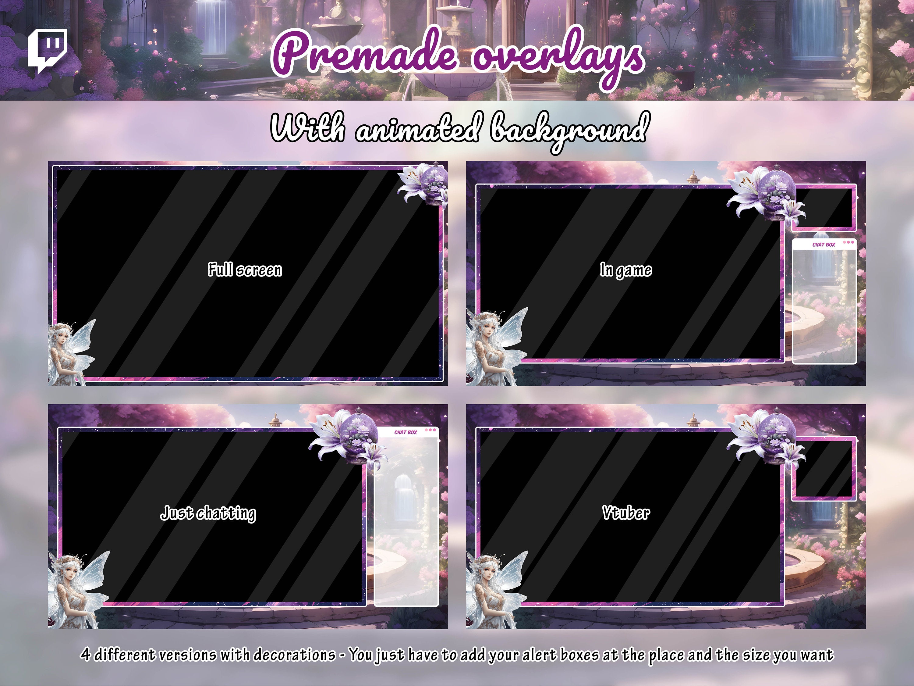 Purple Fairy Garden Twitch Animated Overlay Pack. Twitch Panels, Stream ...