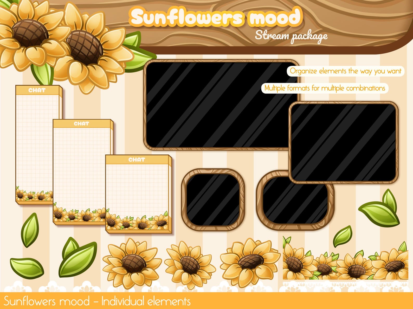 No AI Cute Sunflower Twitch Overlay Pack. Dandelion Stream Package ...
