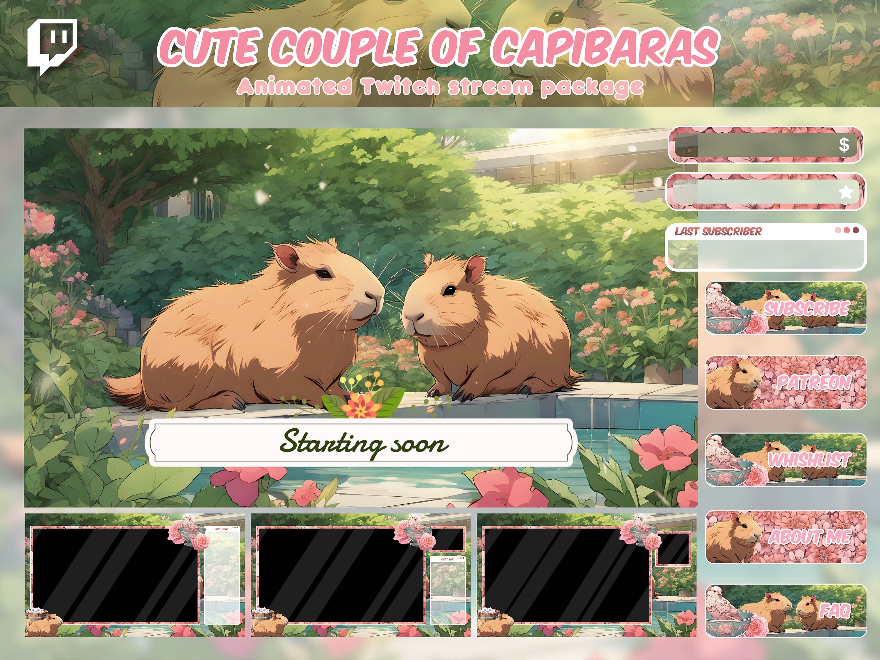 Lovely Capybaras Twitch Animated Overlay Pack. STREAM PACKAGE, Twitch ...