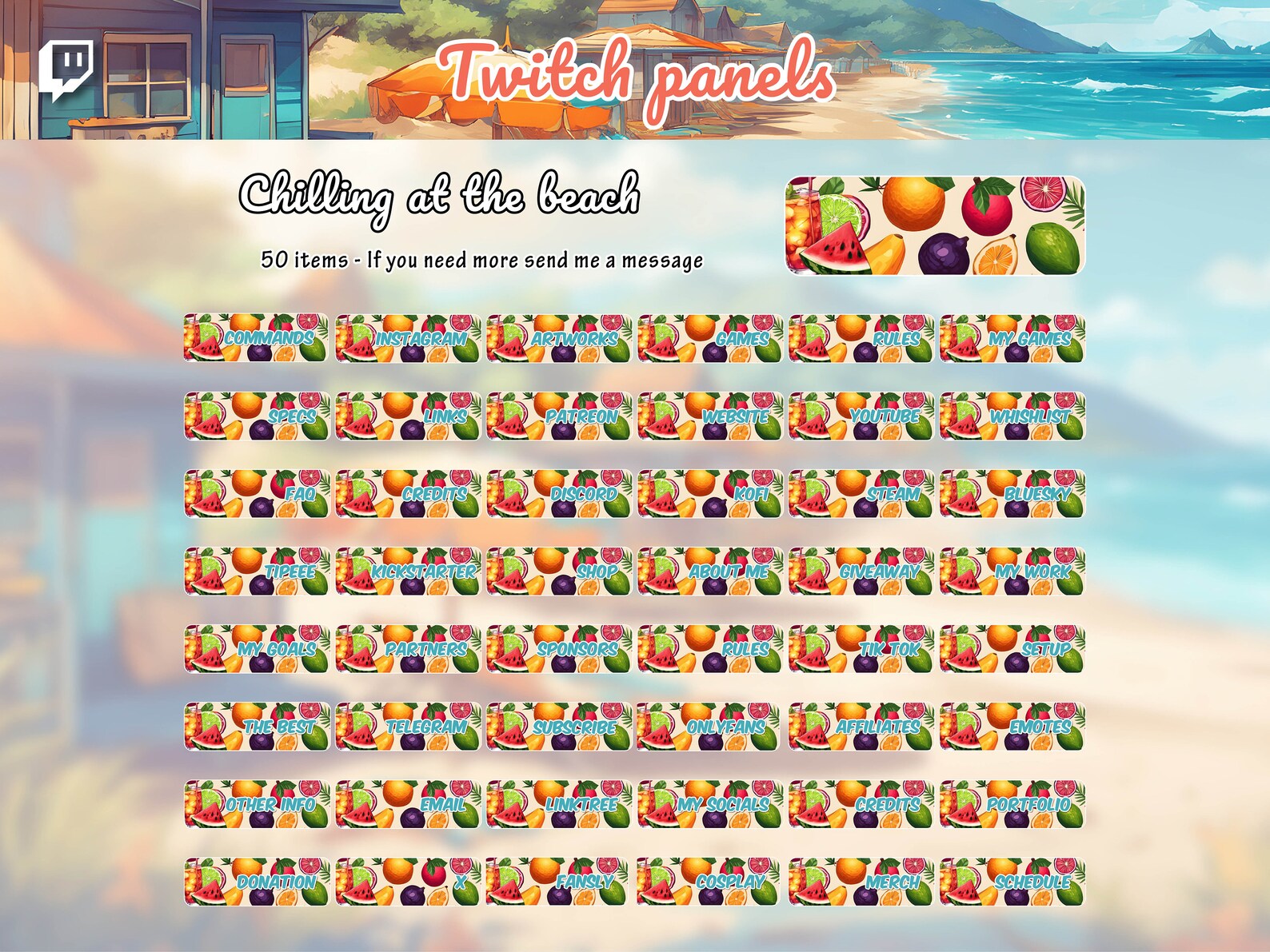 Summer Beach Twitch Animated Overlay Pack. Twitch Panels, Stream ...