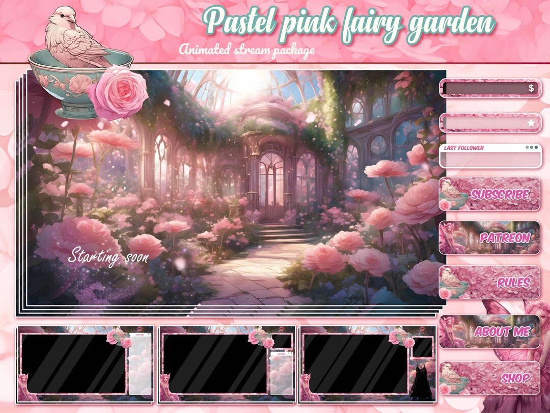 Pastel Pink Fairy Garden Animated Stream Overlay Package (digital ...