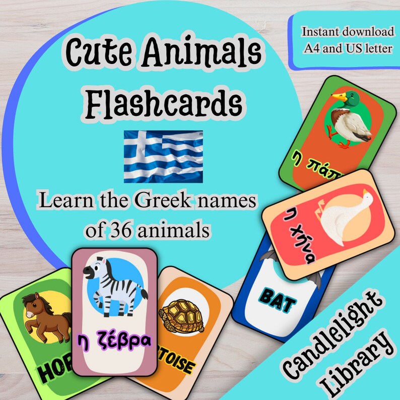 Cute Animals Flashcards: Learn Greek (digital Download) - Etsy