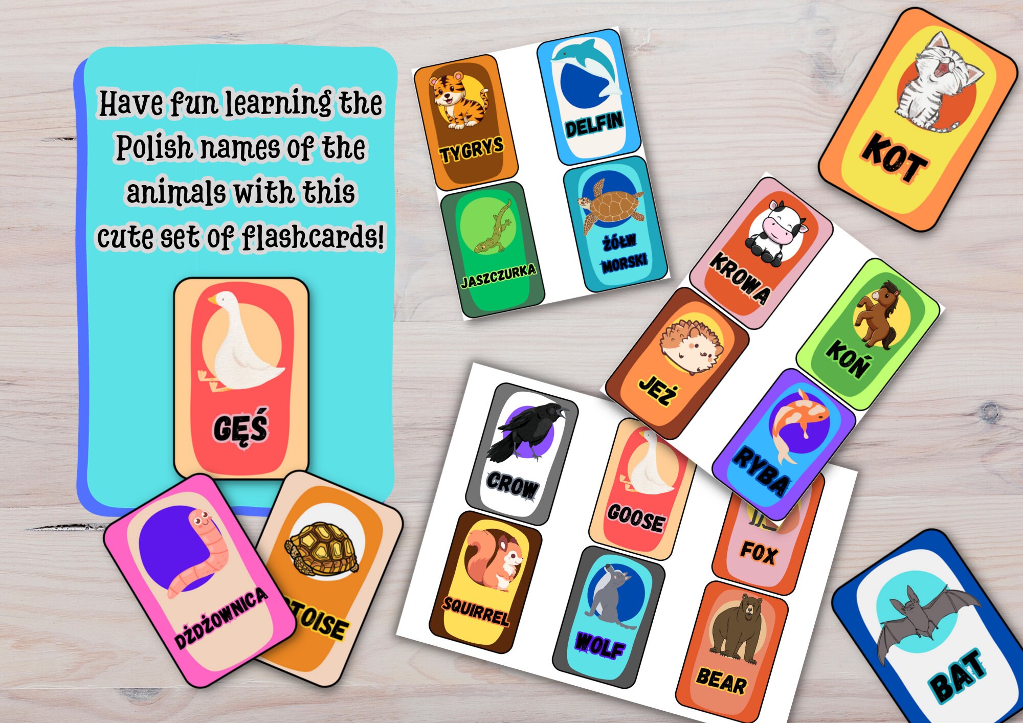 Cute Animals Flashcards: Learn Polish & English (digital Download) - Etsy