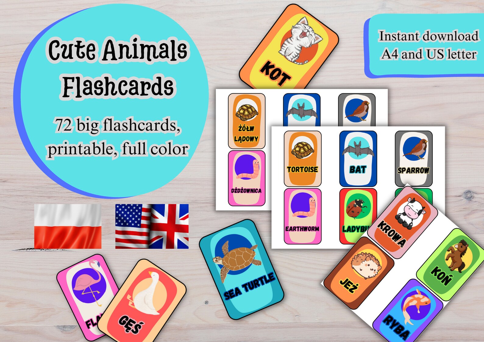 Cute Animals Flashcards: Learn Polish & English (digital Download) - Etsy