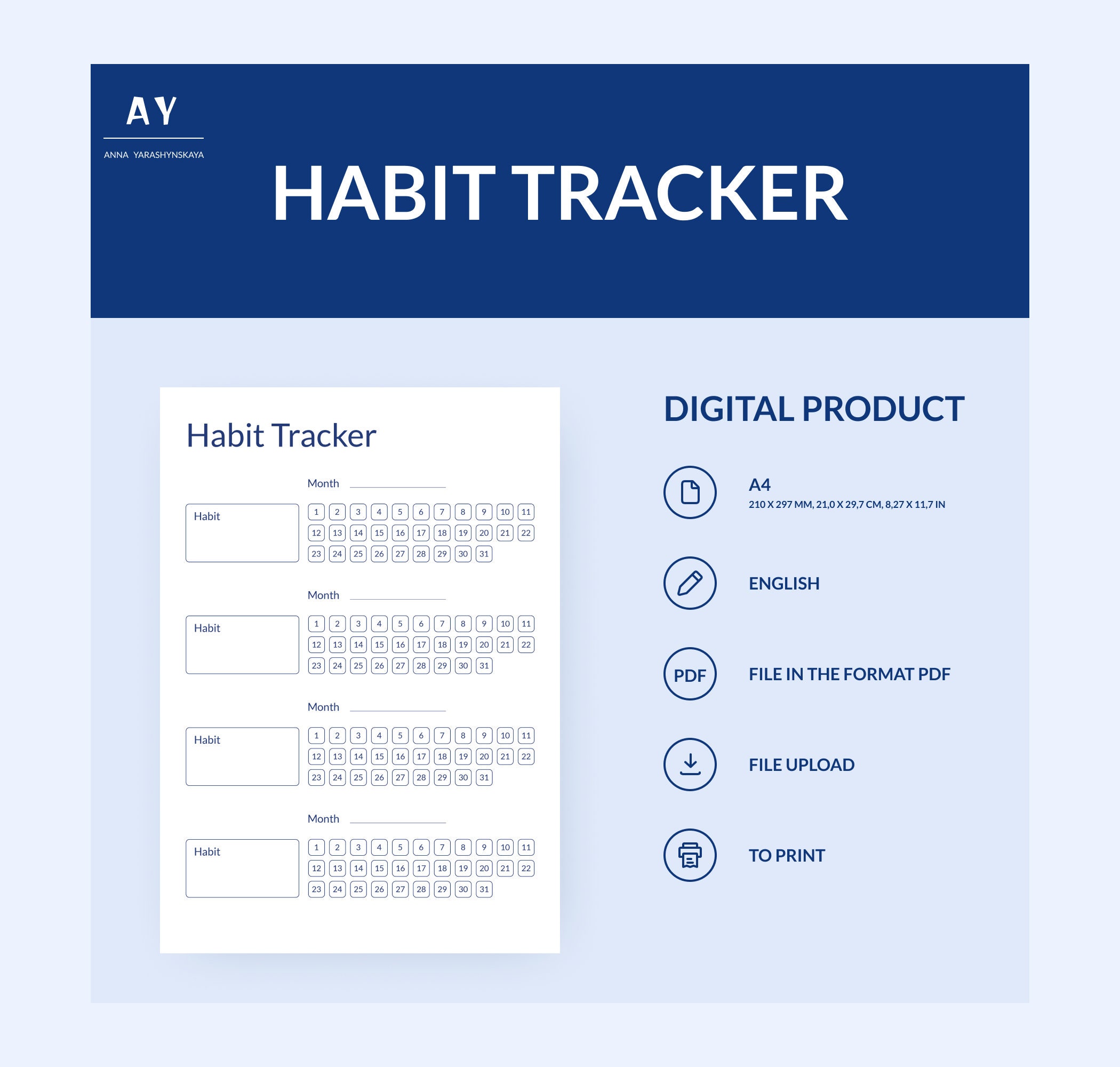 Habit Tracker in Format A4, PDF. Simple Tasks Planner, Printable ...