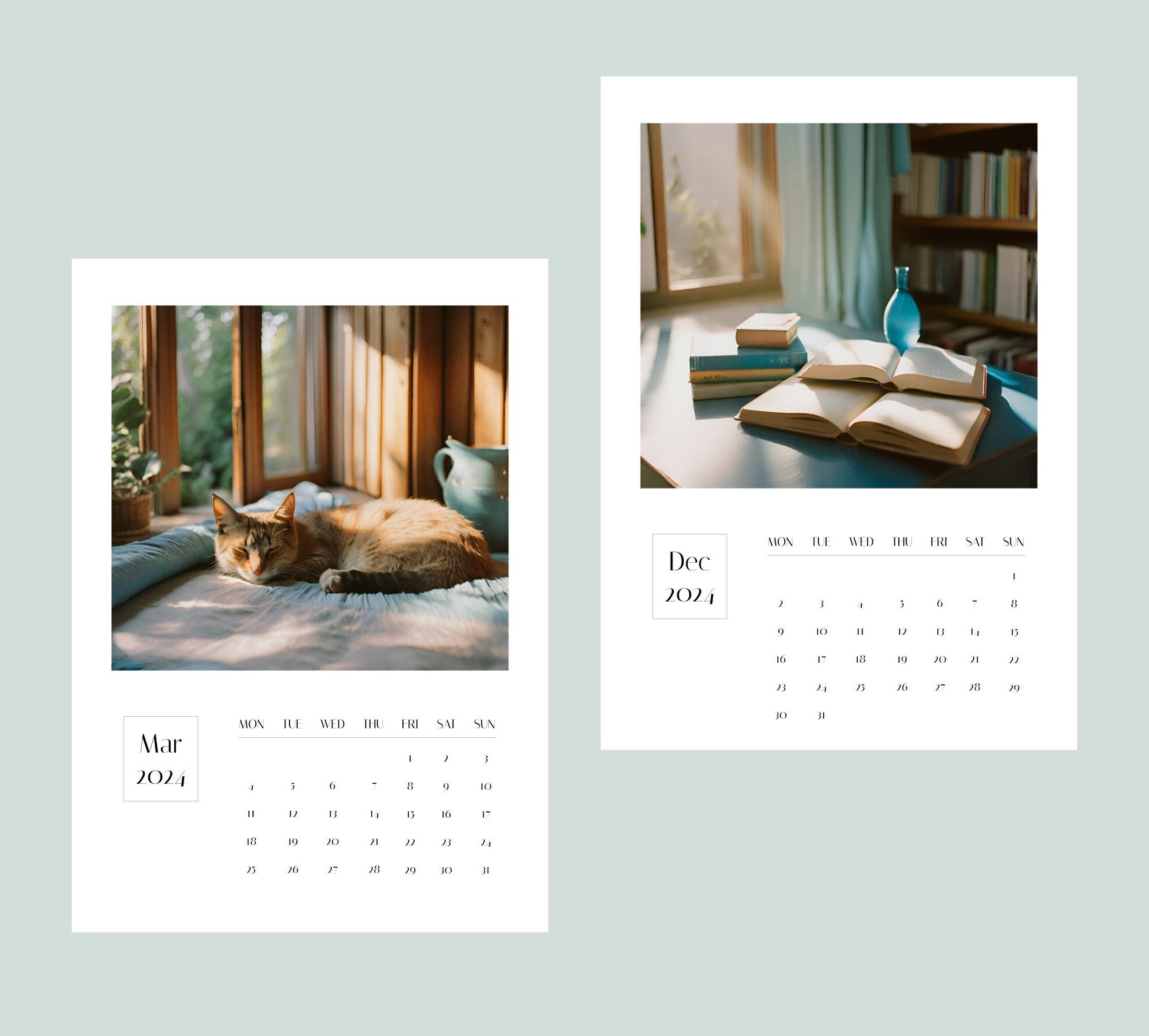 2024 Calendar, Printable, Blue Cyan Theme, Cat, Warm, Elegant, Filmic ...