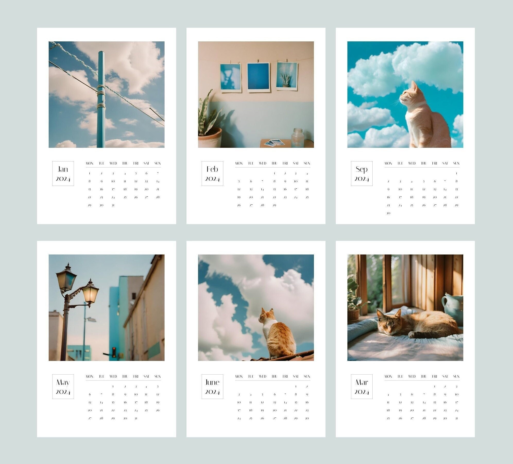 2024 Calendar, Printable, Blue Cyan Theme, Cat, Warm, Elegant, Filmic ...