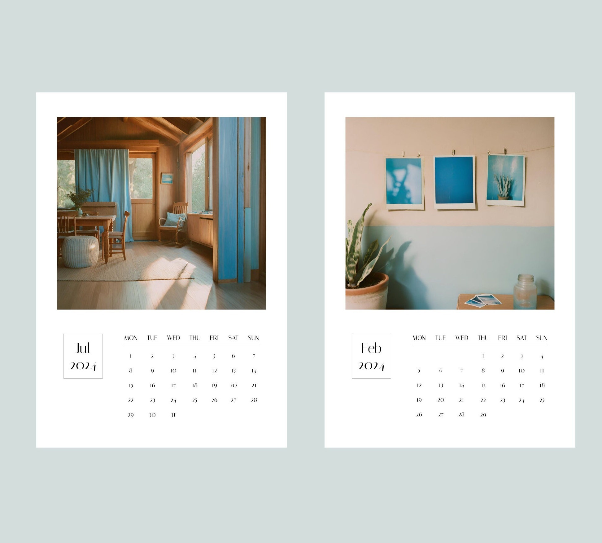 2024 Calendar, Printable, Blue Cyan Theme, Cat, Warm, Elegant, Filmic ...