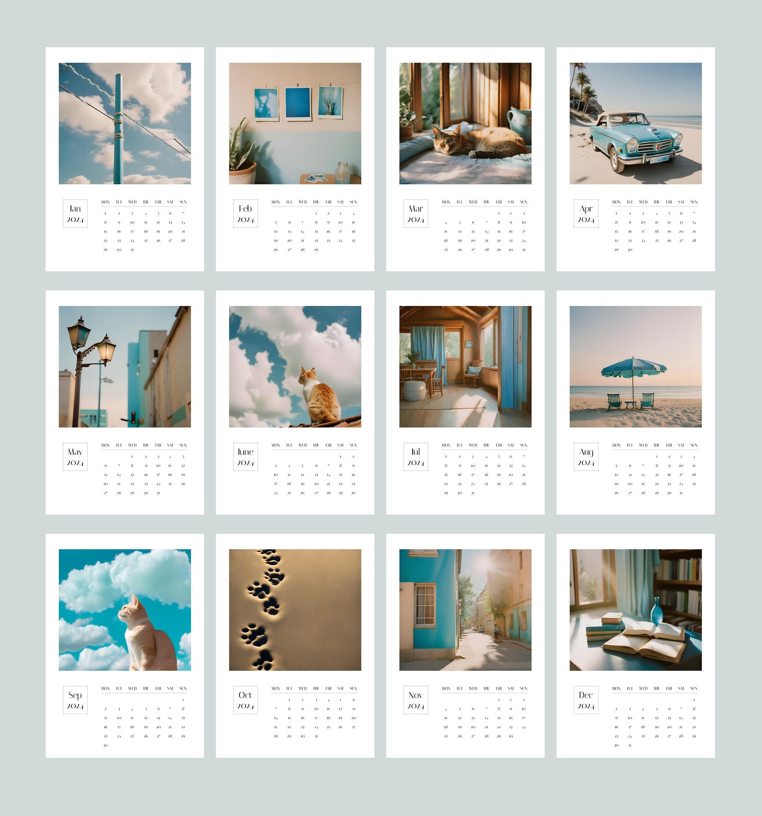 2024 Calendar, Printable, Blue Cyan Theme, Cat, Warm, Elegant, Filmic ...