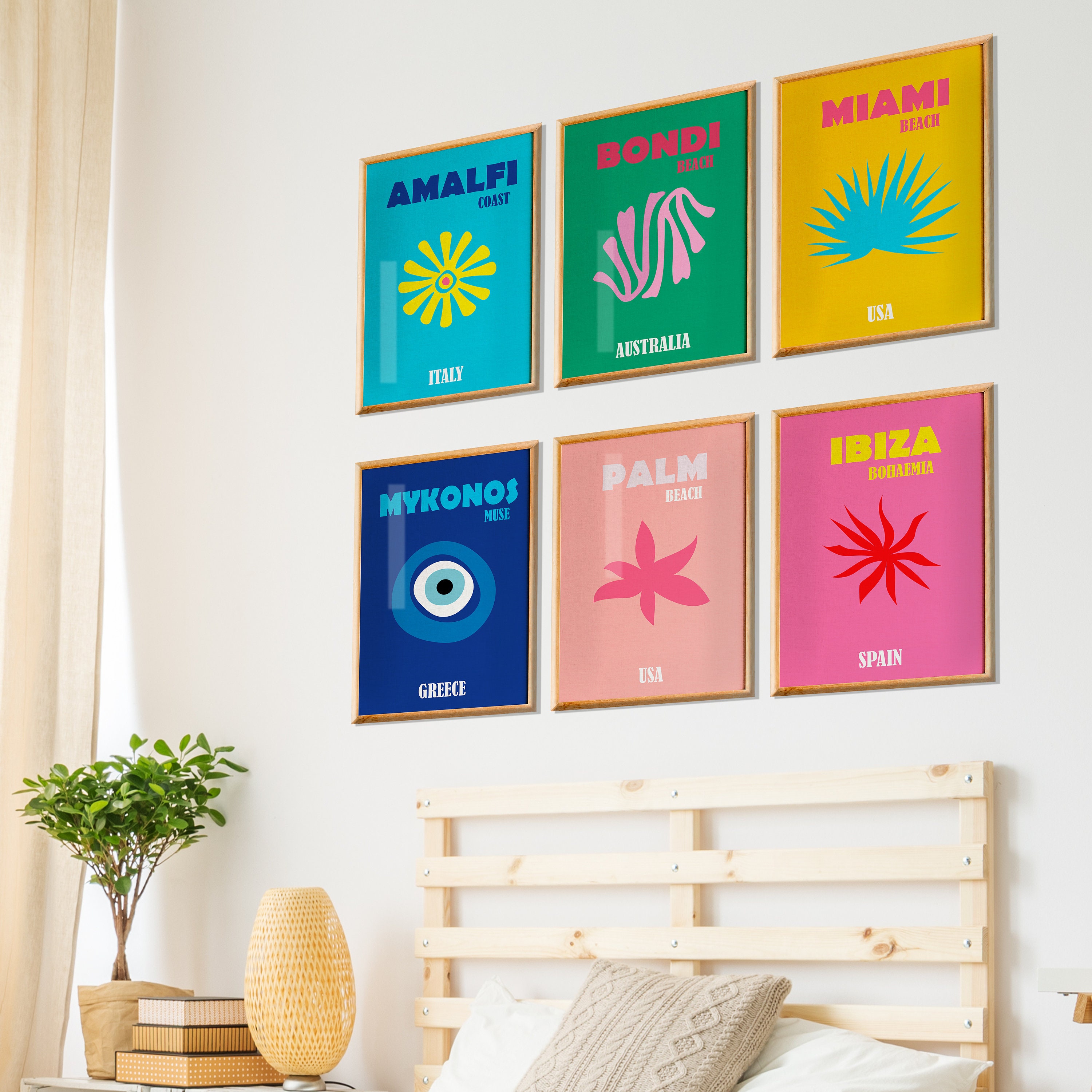 Set of 6 Travel Famous Places Prints | Ibiza, Miami, Mykonos, Amalfi ...