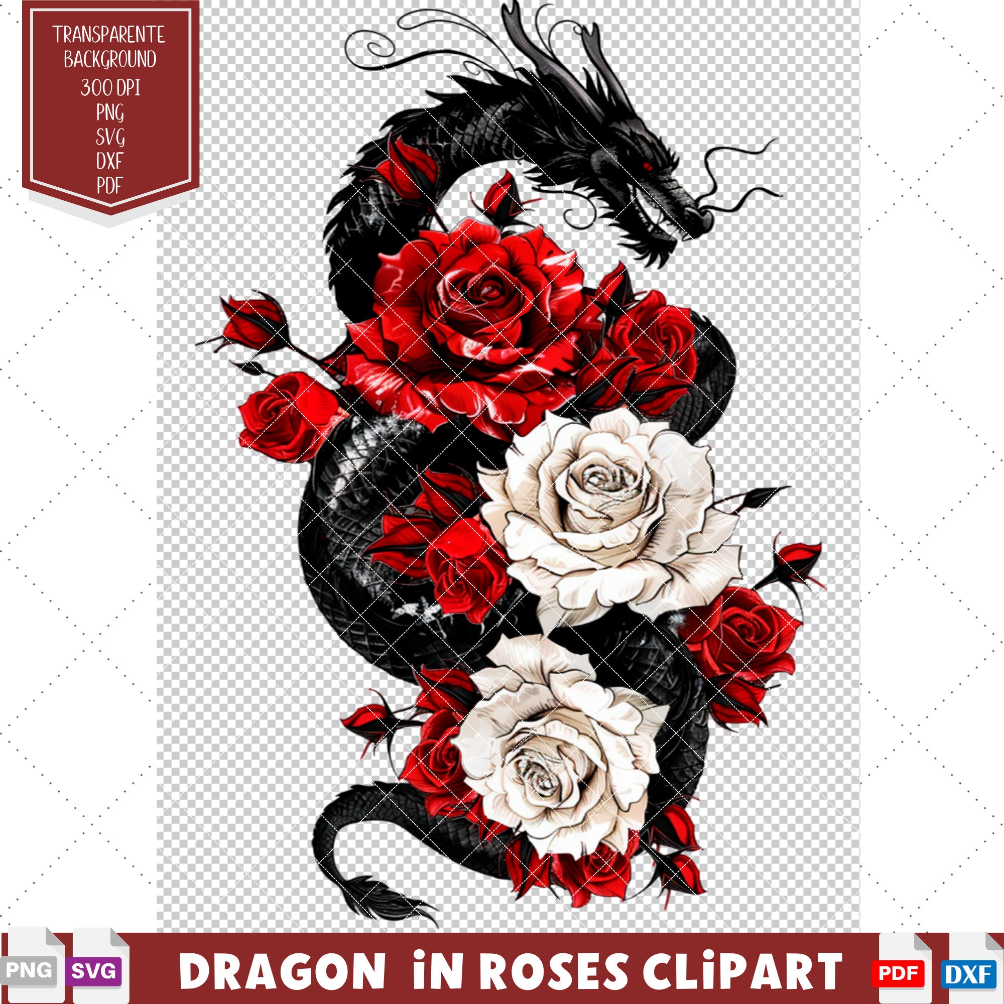 Dragon and Roses SVG Clipart, Japanese Dragon Tattoo Design, Printable ...