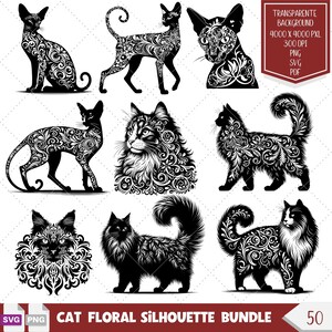 Cat Silhouette SVG Bundle 50 Floral Cat Breeds Vectors, Black Cat Svgs for Crafting ...