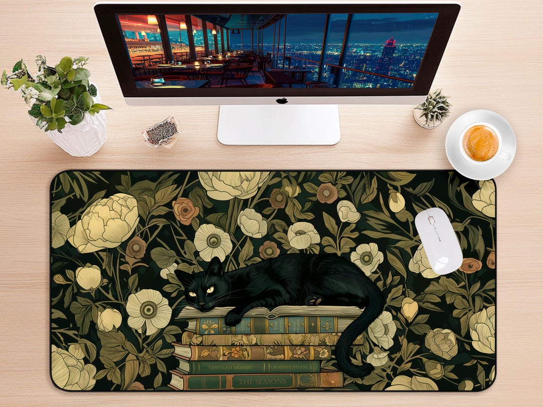 Black Cat Desk Mat William Morris Print, Green Desk Mat Cute, Witchcore ...